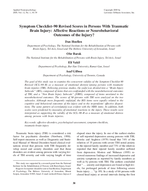 (PDF) Symptom Checklist-90 Revised Scores in Persons With Traumatic Brain Injury: Affective ...