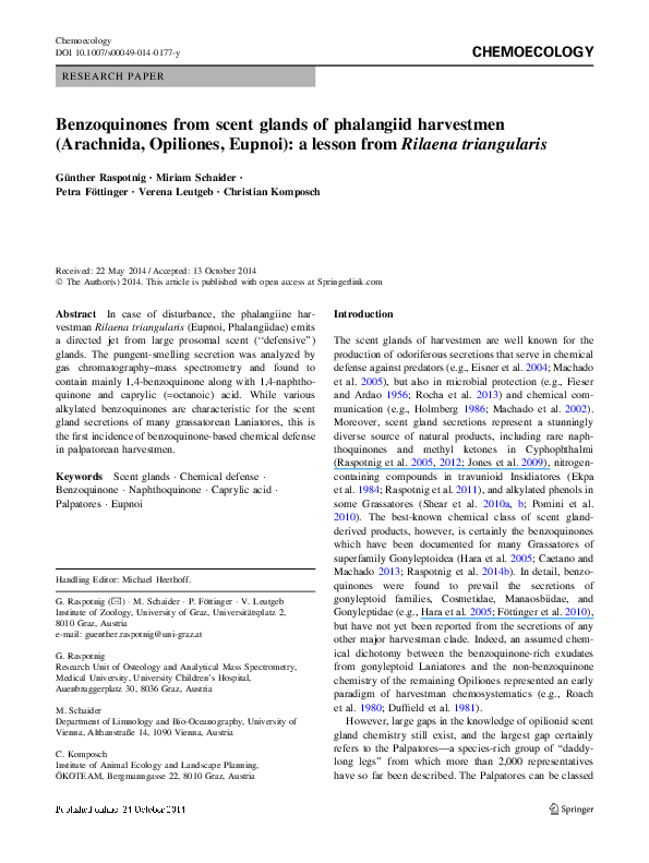 (PDF) Benzoquinones from scent glands of phalangiid harvestmen ...