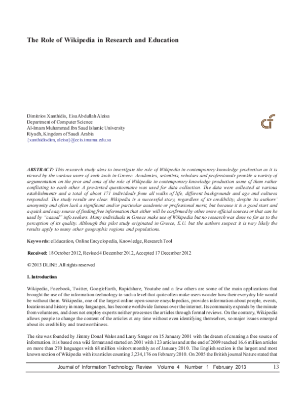 (PDF) The Role of Wikipedia in Research and Education