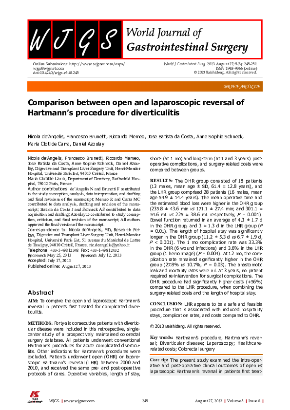 (PDF) Comparison between open and laparoscopic reversal of Hartmann's procedure for ...