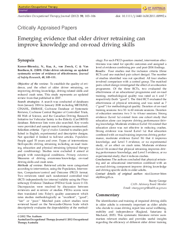 (PDF) Emerging evidence that older driver retraining can improve ...