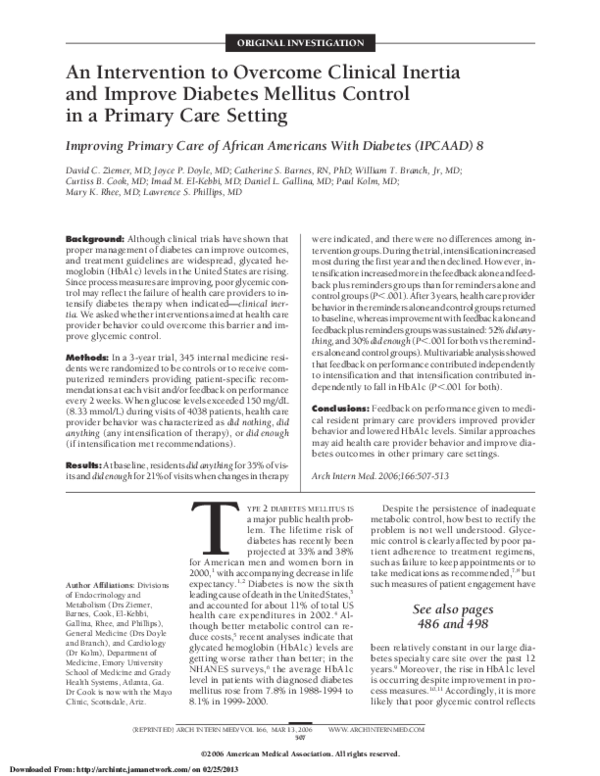 (PDF) An Intervention to Overcome Clinical Inertia and Improve Diabetes ...