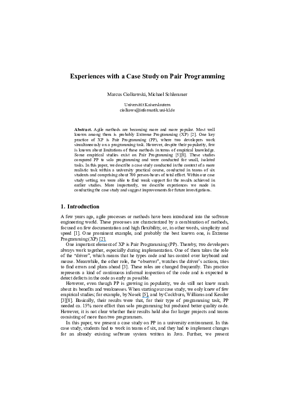 (PDF) Experiences with a Case Study on Pair Programming