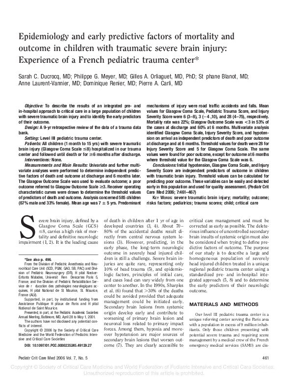 (PDF) Outcomes in Children with Severe Head Injury