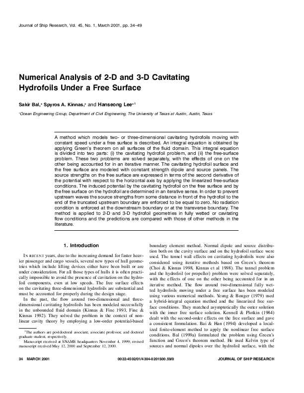 (PDF) Numerical Analysis of 2-D and 3-D Cavitating Hydrofoils Under a Free Surface