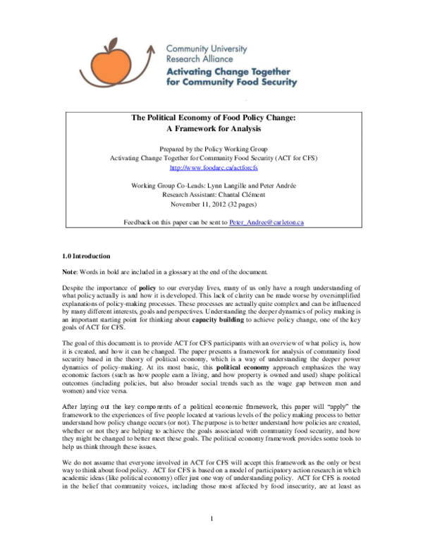 (PDF) The Political Economy of Food Policy Change: A Framework for ...