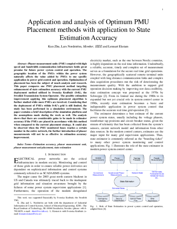 Pdf Application And Analysis Of Optimum Pmu Placement Methods With Application To State
