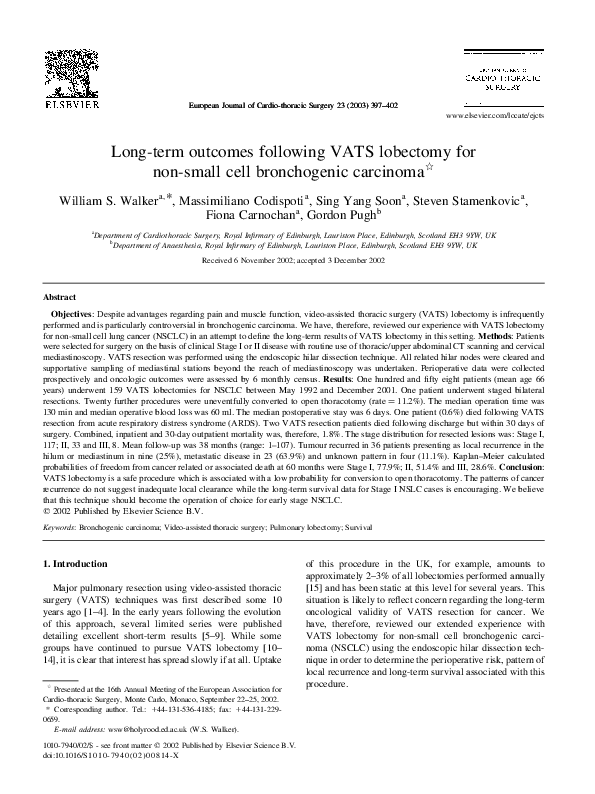 (PDF) Long-term outcomes following VATS lobectomy for non-small cell ...