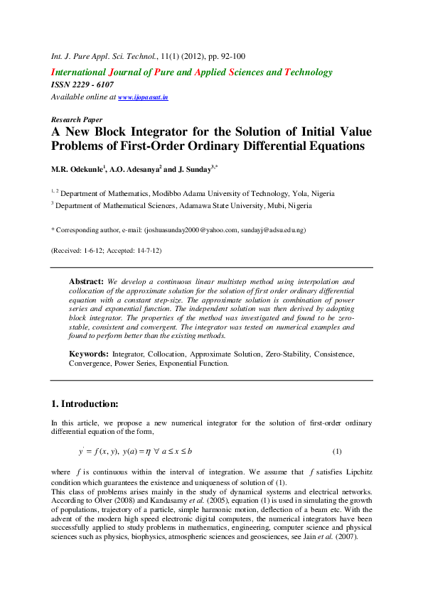 (PDF) A New Block Integrator for the Solution of Initial Value Problems of First-Order Ordinary ...