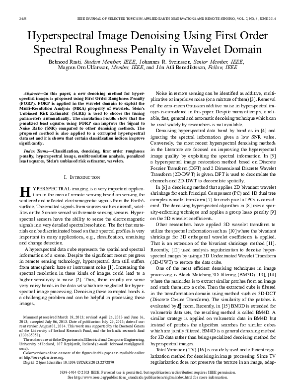 (PDF) Hyperspectral Image Denoising Using First Order Spectral Roughness Penalty in Wavelet Domain
