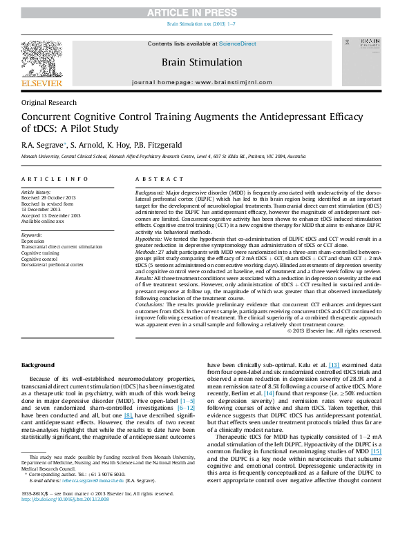 (PDF) Concurrent Cognitive Control Training Augments the Antidepressant ...