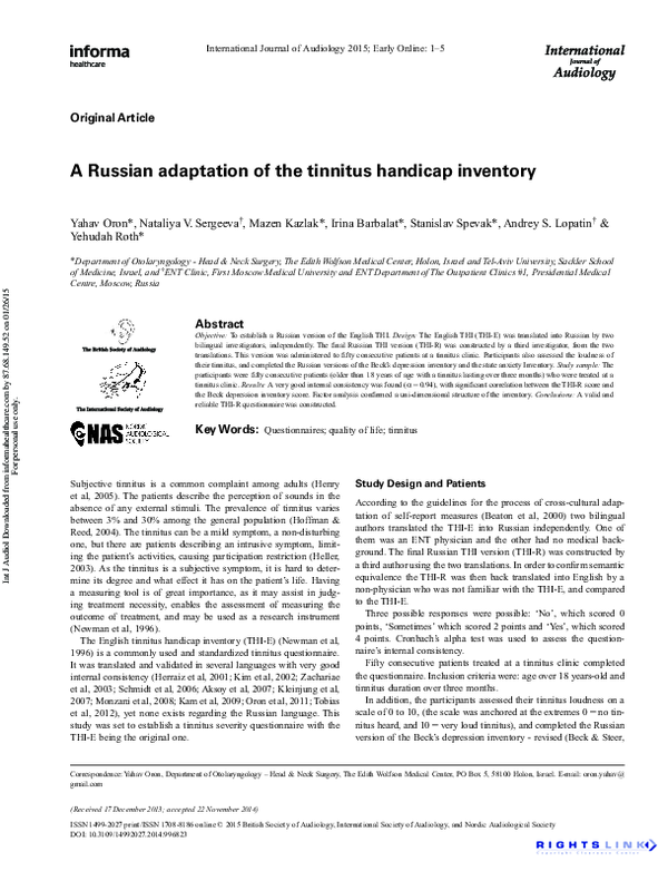 (PDF) A Russian adaptation of the tinnitus handicap inventory