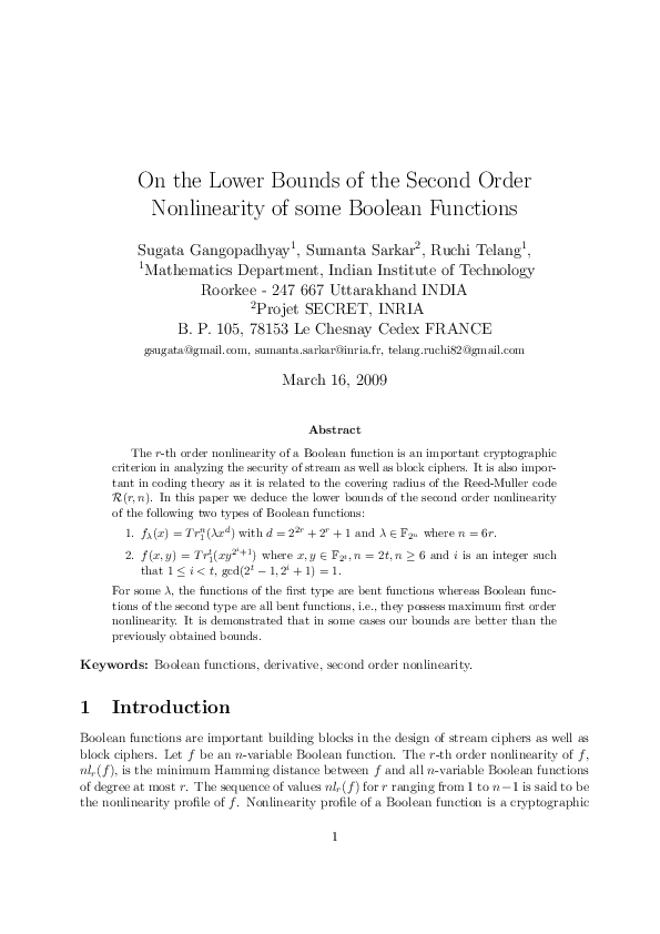 Pdf On The Lower Bounds Of The Second Order Nonlinearities Of Some Boolean Functions