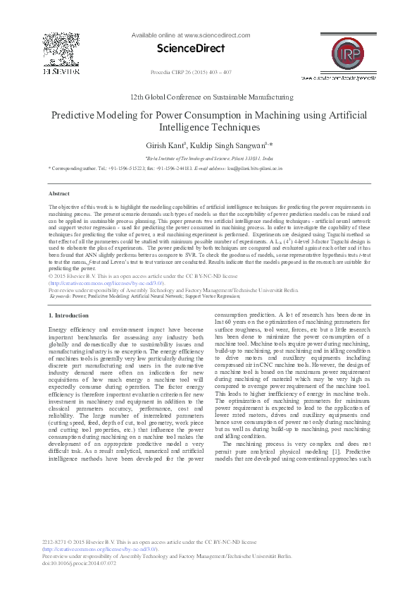 Pdf Predictive Modeling For Power Consumption In Machining Using Artificial Intelligence