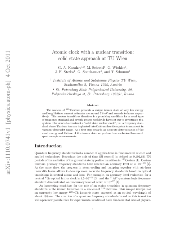 (PDF) Atomic clock with a nuclear transition: solid state approach at ...