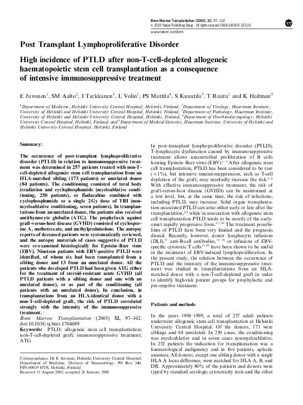 (PDF) High incidence of PTLD after non-T-cell-depleted allogeneic ...