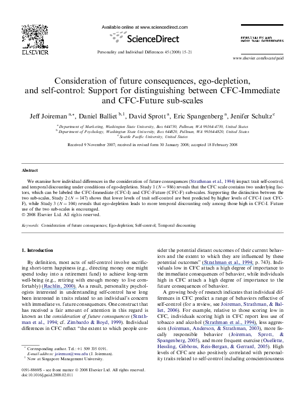 (PDF) Consideration of future consequences, ego-depletion, and self ...