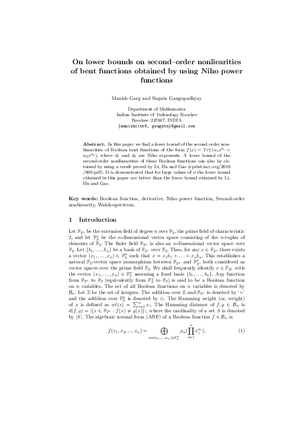 Pdf On Lower Bounds On Second Order Nonliearities Of Bent Functions Obtained By Using Niho