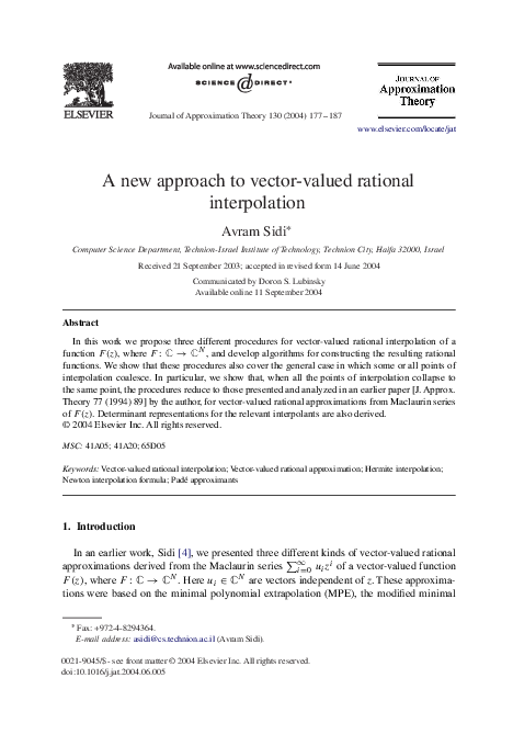(PDF) A new approach to vector-valued rational interpolation