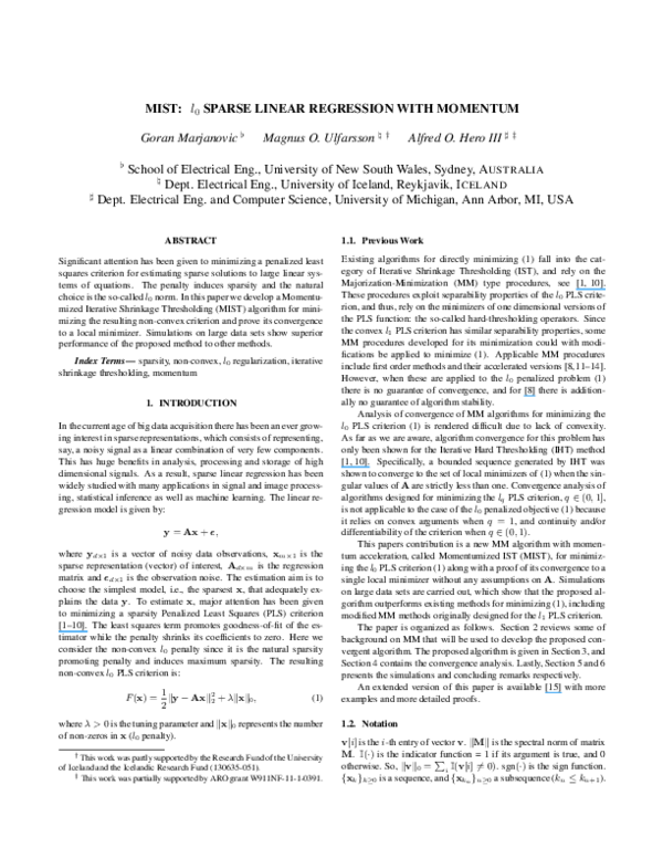 Pdf Mist L0 Sparse Linear Regression With Momentum Magnus