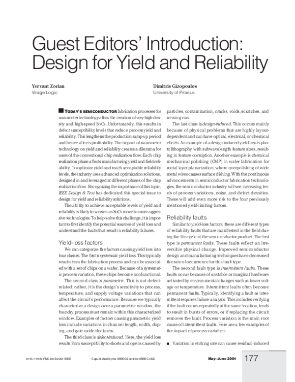 (PDF) Guest Editors' Introduction: Design for Yield and Reliability | Yervant Zorian - Academia.edu