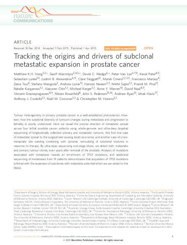 (PDF) Tracking the origins and drivers of subclonal metastatic expansion in prostate cancer ...