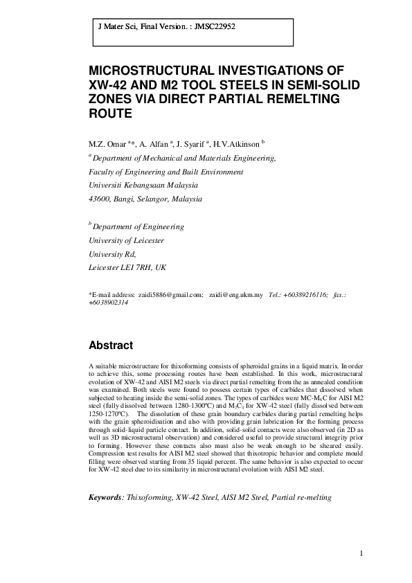 (PDF) Microstructural investigations of XW-42 and M2 tool steels in semi-solid zones via direct ...