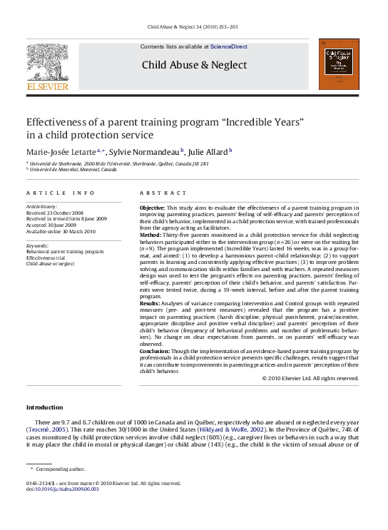(PDF) Effectiveness of a parent training program “Incredible Years” in ...
