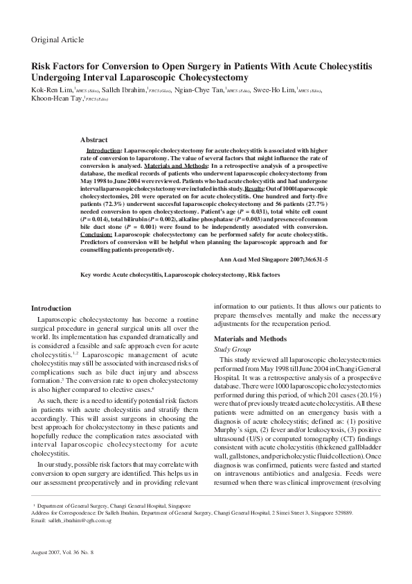 (PDF) Risk factors for conversion to open surgery in patients with acute cholecystitis ...