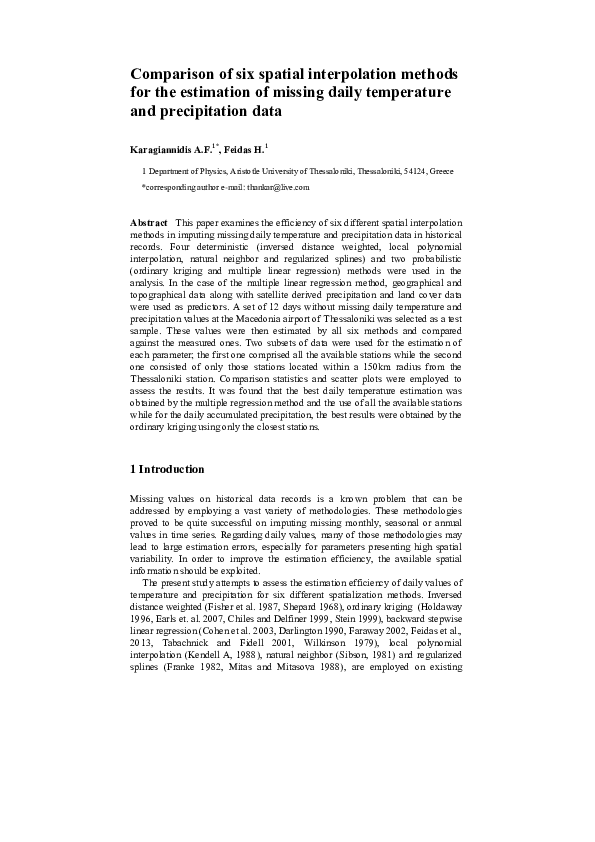 (PDF) Comparison of six spatial interpolation methods for the estimation of missing daily ...