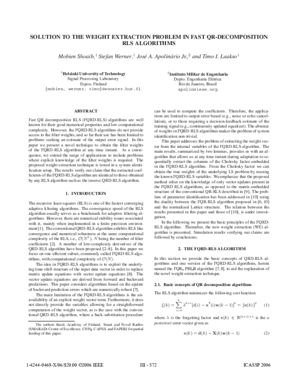 (PDF) Solution to the Weight Extraction Problem in Fast QR-Decomposition RLS Algorithms