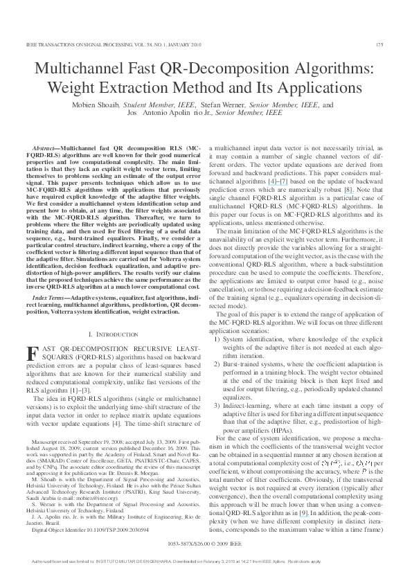 (PDF) Multichannel Fast QR-Decomposition Algorithms: Weight Extraction Method and Its Applications