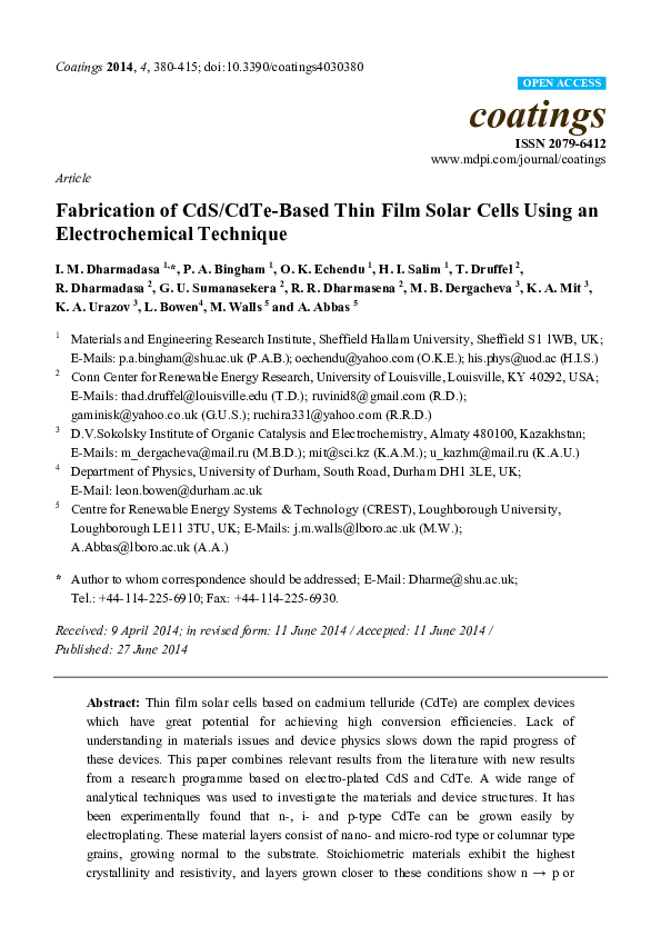 (PDF) Fabrication of CdS/CdTe-Based Thin Film Solar Cells Using an ...