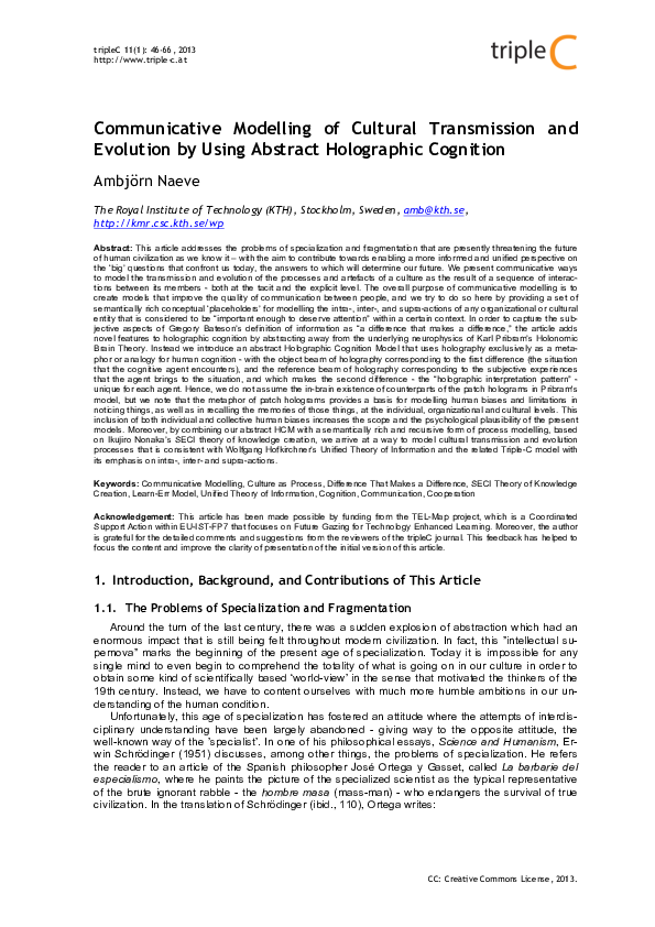 (PDF) Communicative Modelling of Cultural Transmission and Evolution by ...