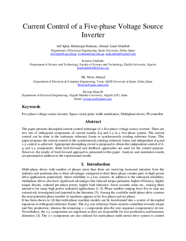 (PDF) Current Control of a Five-phase Voltage Source Inverter | Kouzou Abdellah - Academia.edu