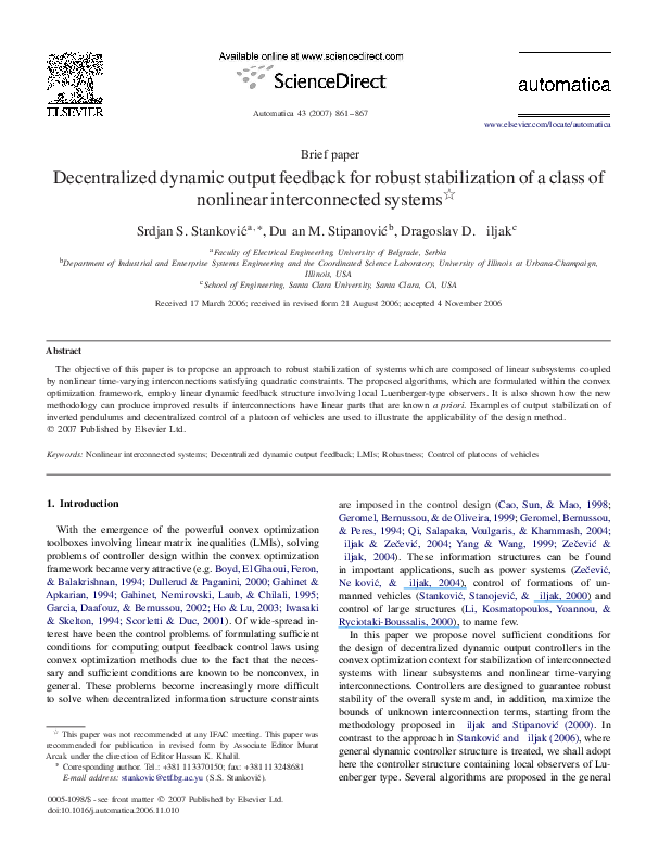 (PDF) Decentralized dynamic output feedback for robust stabilization of a class of nonlinear ...