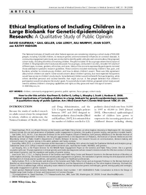 (PDF) Ethical Implications of Including Children in a Large Biobank for ...