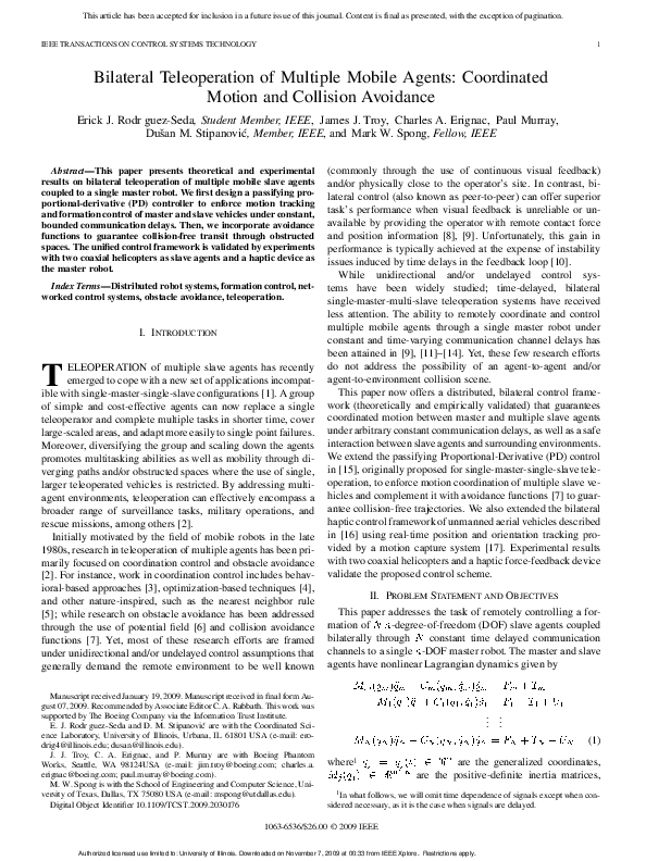 (PDF) Bilateral teleoperation of multiple mobile agents: Coordinated motion and collision avoidance