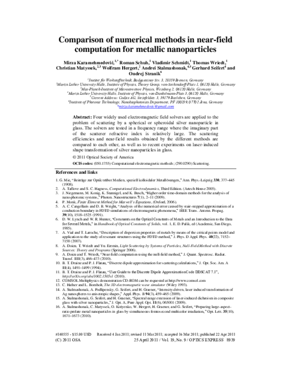 Pdf Comparison Of Numerical Methods In Near Field Computation For Metallic Nanoparticles