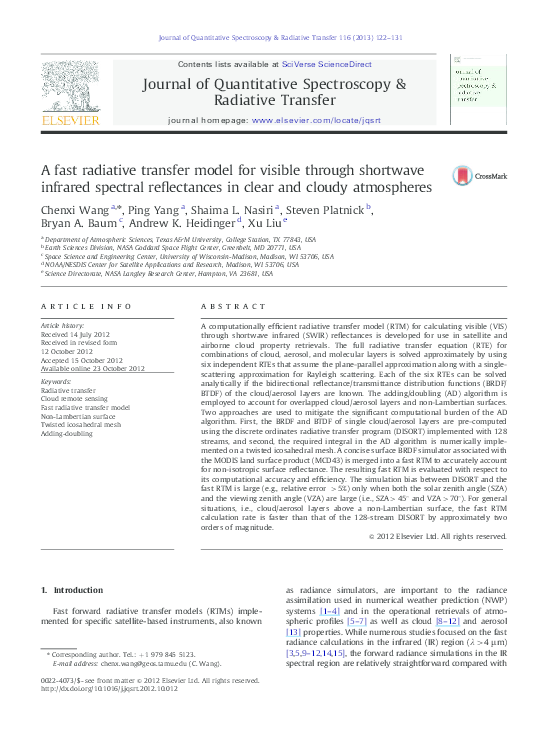 (PDF) A fast radiative transfer model for visible through shortwave infrared spectral ...