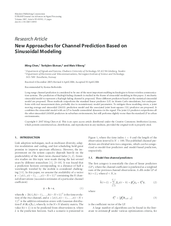 (PDF) New Approaches for Channel Prediction Based on Sinusoidal Modeling