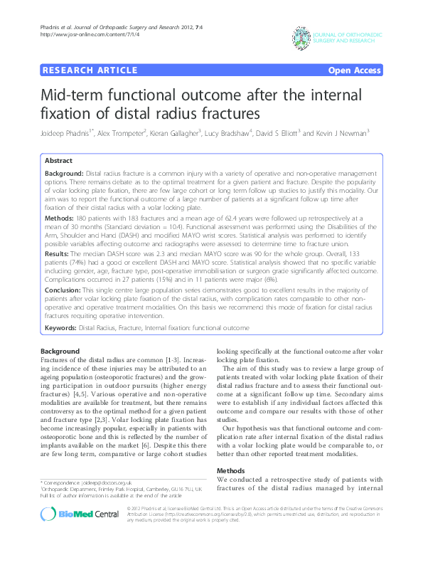 (PDF) Mid-term functional outcome after the internal fixation of distal radius fractures