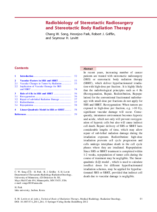 (PDF) Radiobiology of Stereotactic Radiosurgery and Stereotactic Body Radiation Therapy