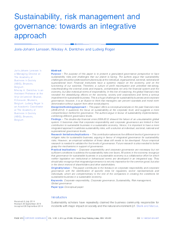 (PDF) Sustainability, risk management and governance: towards an ...