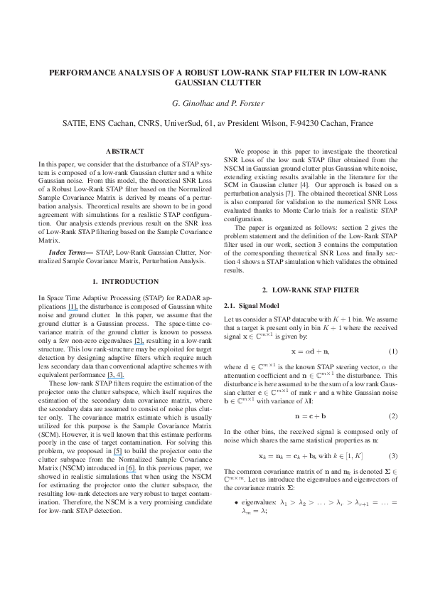 (PDF) Performance analysis of a Robust Low-Rank STAP filter in low-rank ...