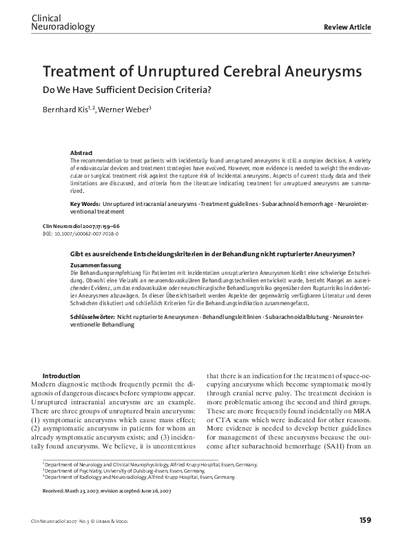 (PDF) Treatment of unruptured cerebral aneurysms
