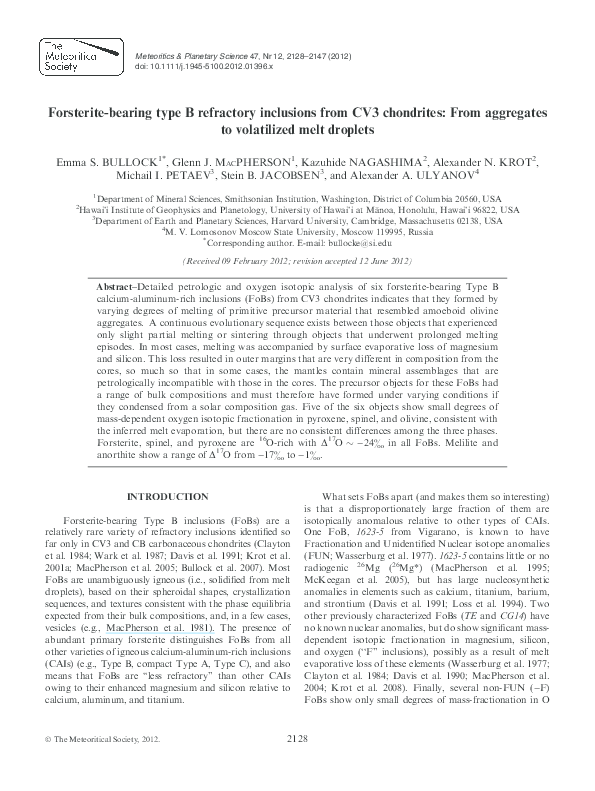 (PDF) Forsterite-bearing type B refractory inclusions from CV3 ...