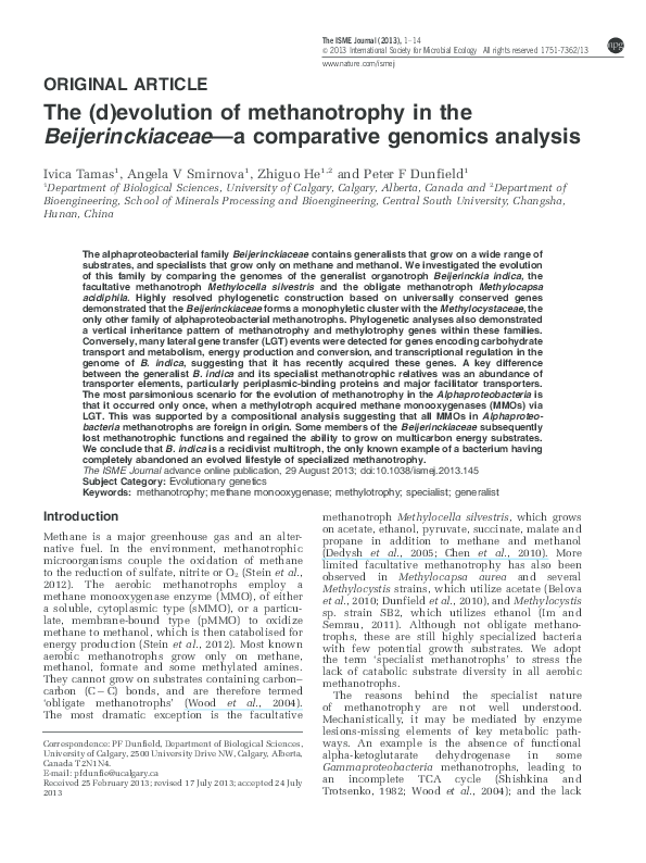 (PDF) The (d)evolution of methanotrophy in the Beijerinckiaceae—a ...