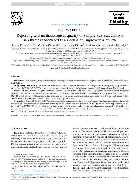 Pdf Reporting And Methodological Quality Of Sample Size Calculations In Cluster Randomized