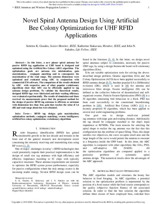 (PDF) Novel Spiral Antenna Design Using Artificial Bee Colony Optimization for UHF RFID Applications